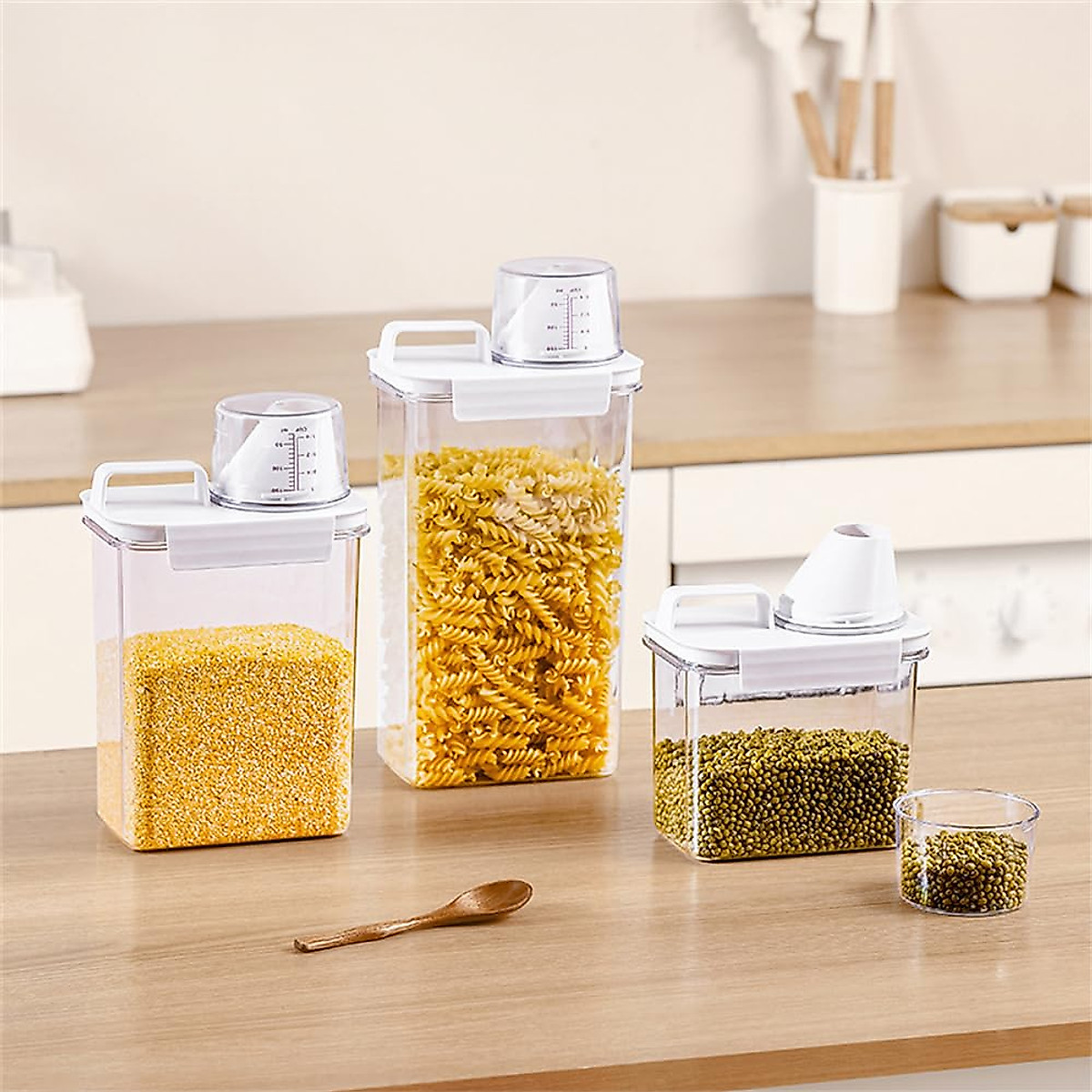 JUSTAUS 2Pcs Rice Dispenser Storage Containers, 1.1L Small Rice Bucket with Measuring Cup & Pour Spout, Kitchen Plastic Airtight Container for Cereal, Grain, Flour, Sugar, Oatmeal, Dry Pet Dog Food