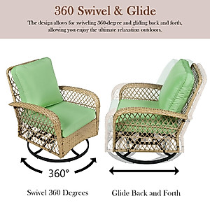 FUNKOCO 3 Pieces Outdoor Swivel Glider Rocker, Rattan Woven Patio Furniture Set, Wicker Patio Bistro Set with Washable Cushions and Glass Table for Garden, Porch, Backyard
