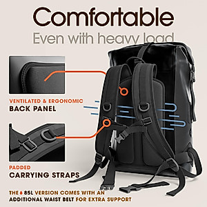 Earth Pak Waterproof Backpack - Heavy Duty Hiking Backpack - Roll-Top Closure - Waterproof Bag - Cushioned Dry Bags Waterproof w/ IPX8 Waterproof Phone Case - Wet Bag for Hiking, Kayak(Black, 35L)
