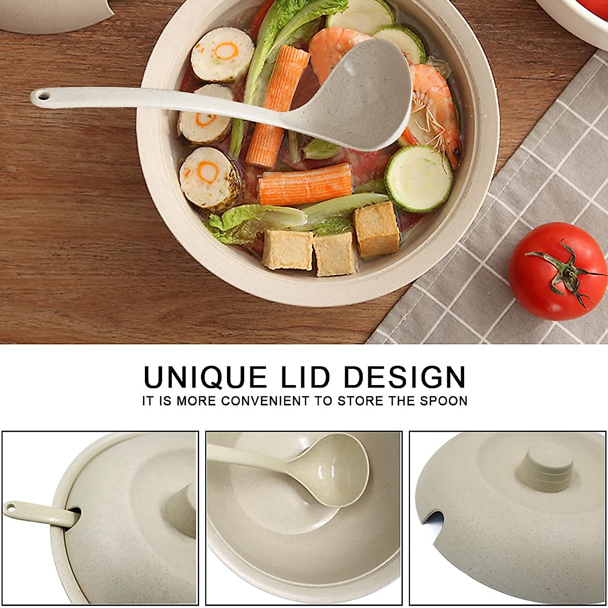 Unbreakable and Lightweight Soup Bowl with Lid and Spoon, 60Oz/1800ml Noodle Bowl Rice Bowl Cereal Bowl Dinner Bowl, Dishwasher Safe (Beige)