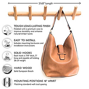 Eden & Co Modern Wall Mounted Coat and Hat Rack – 5 Hooks, Beautiful Wood Entryway Hanger with Pegs - Wooden Bedroom and Bathroom Robe Racks - Durable, Easy Assembly, Classic Design