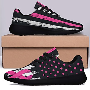 Breast Cancer Awareness Shoes Women Fashion Breathable Running Sneakers Cancer Pink Ribbon Shoes for Ladies Black Size 5
