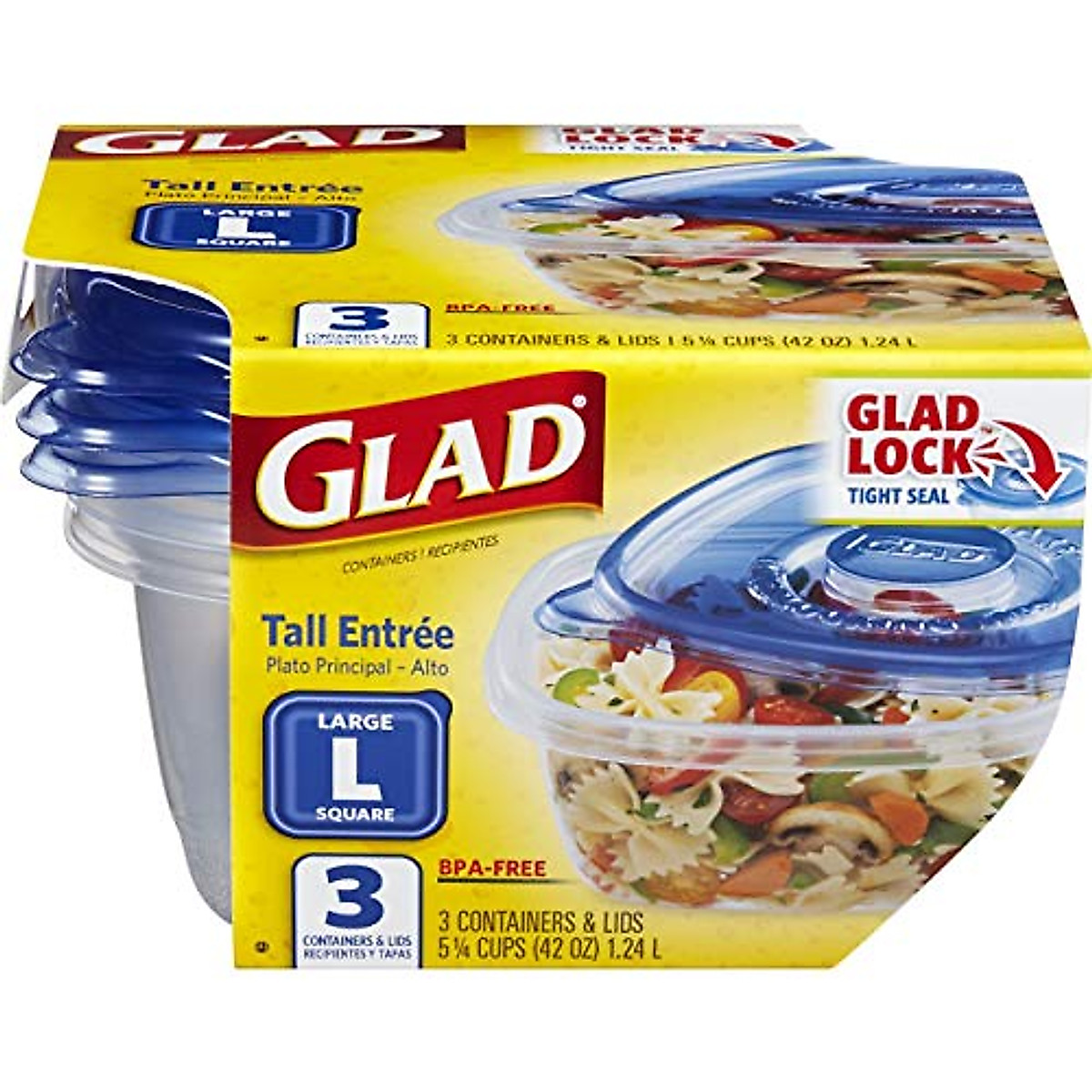 Glad Food Storage Containers - Tall Entrée Container - 42 Ounce - 3 Containers