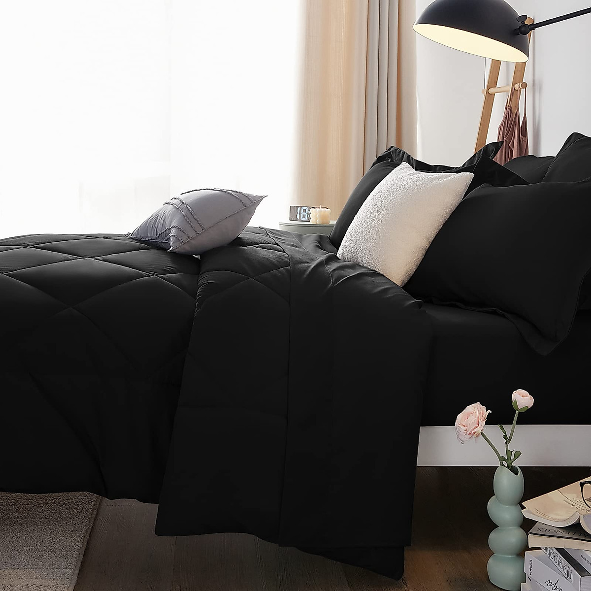 CozyLux Queen Comforter Set with Sheets 7 Pieces Bed in a Bag Black All Season Bedding Sets with Comforter, Pillow Shams, Flat Sheet, Fitted Sheet and Pillowcases
