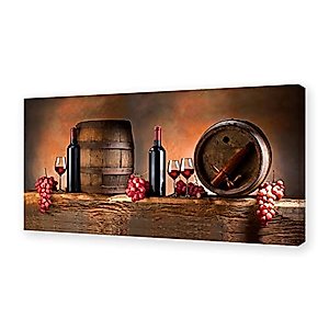 Muolunna BK06250 Wall Art Canvas Print Fruit Grape Red Wine with Bottle Barrel Painting on Canvas Stretched and Framed Ready to Hang for Home Decor Living Room Bedroom Kitchen Office Artwork