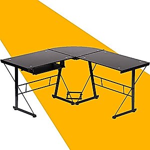 Warmm house Computer Desk,L Shape Home Office Desk with Drawer,Glass Black Desk,Easy to Clean&Tough Scratch-Resistant for Gaming Desk Office Desk l Shaped Desk