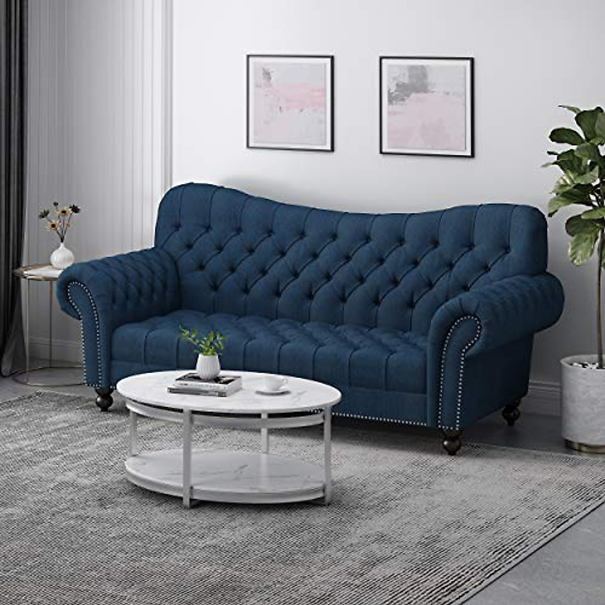 Christopher Knight Home Nathan Chesterfield Button Tufted Fabric 3 Seater Sofa, Navy Blue, Dark Brown