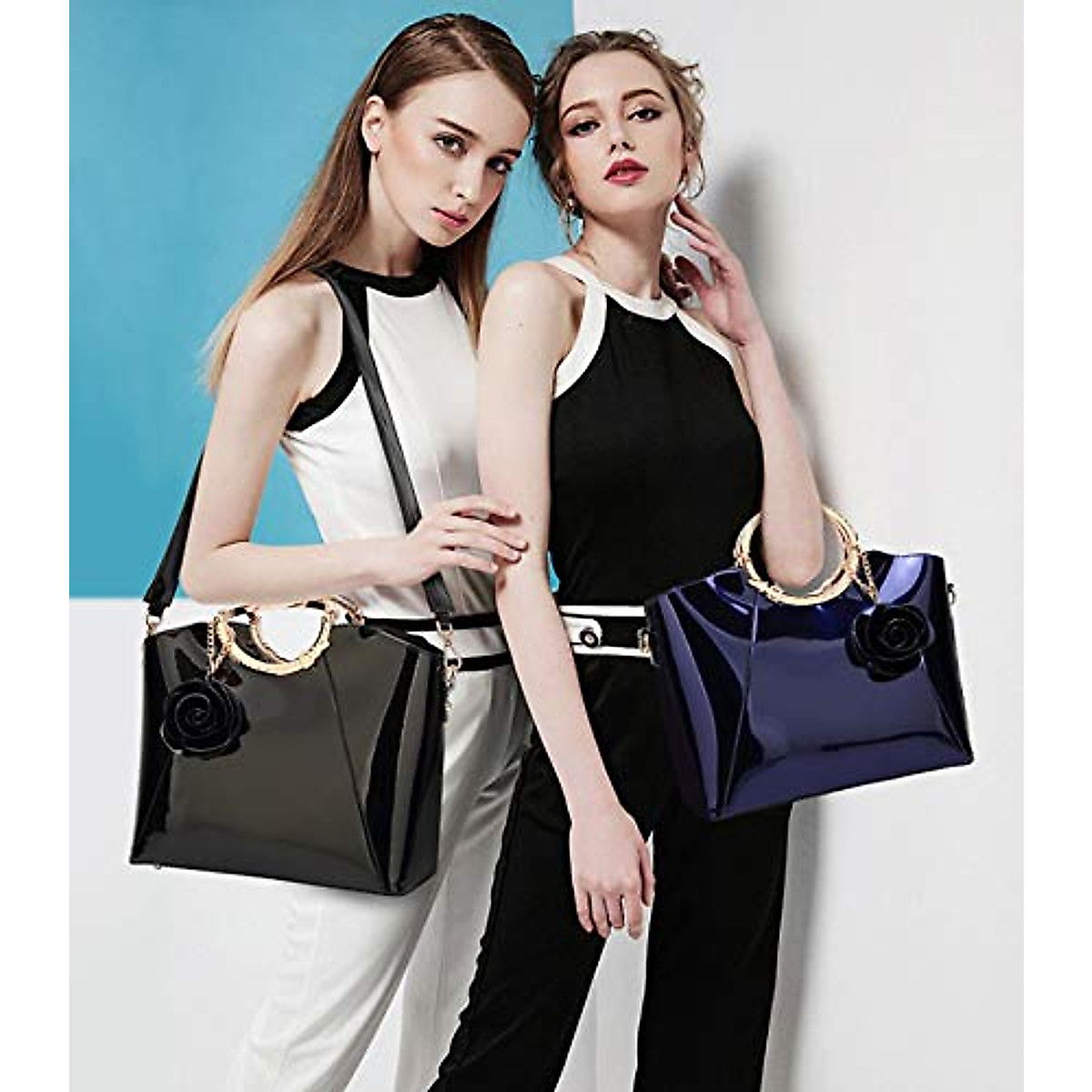 Yan Show Women's Wild 3D Flower Decorated Top Handle Purse Multi-pocket Handbag PU Tote Large Capacity Shoulder Bag Blue