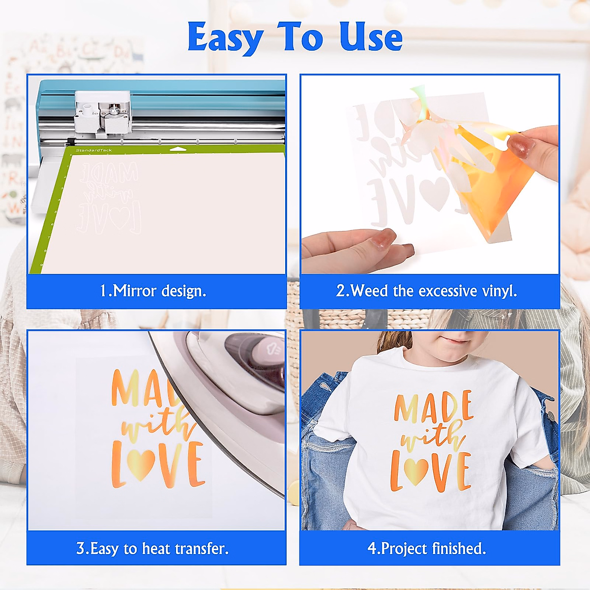 Holographic HTV Heat Transfer Vinyl HTV Vinyl Bundle – 12" x 20" 2 Sheets/Roll, 5 Rolls Easy to Cut & Weed Iron-On Vinyl for T-Shirts, DIY Projects 5 Colors Iron on Vinyl for Heat Press Machine