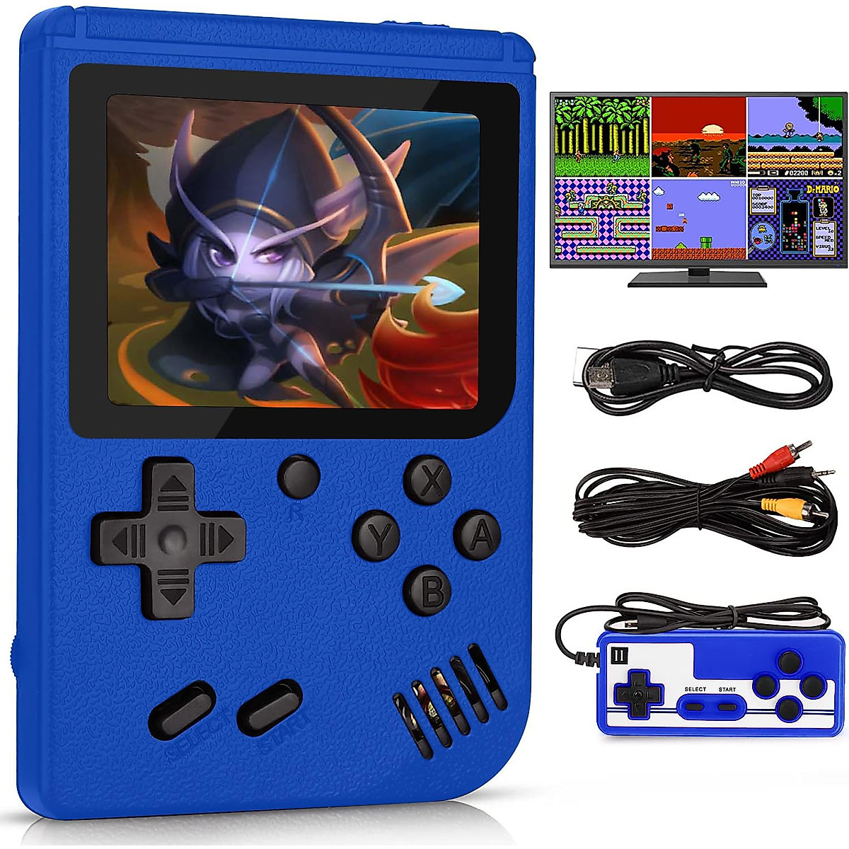 Avainaly Handheld Game Consoles, Retro Mini Game Player with 500 Classic FC Games, 2.8-Inch Color Screen Support for Connecting TV & Two Players, 1020 mAh Rechargeable Battery (Blue）
