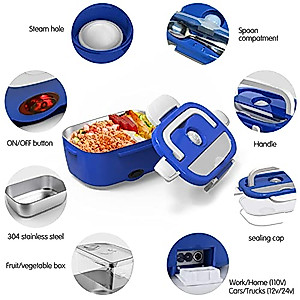 Electric Lunch Box for Car and Home COCOBELA Portable Food Warmer, 60W Faster Food Heater for Adults, 2 Compartments Removable 304 Stainless Steel Container Fork & Spoon
