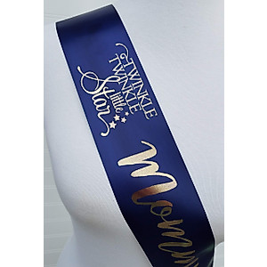 Amy's Bubbling Boutique, Inc. Twinkle Little Star Baby Shower Mommy Banner Sash & Daddy to Be Pin Navy & Gold Gift Set