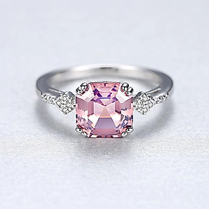 Gdirection 925 Sterling Silver Simulated Morganite Ring for Women, CZ Cubic Zirconia Square Asscher Cut Nano Pink Gemstone S925 Palladium Plated Eternity Engagement Band with Gift Box (8)