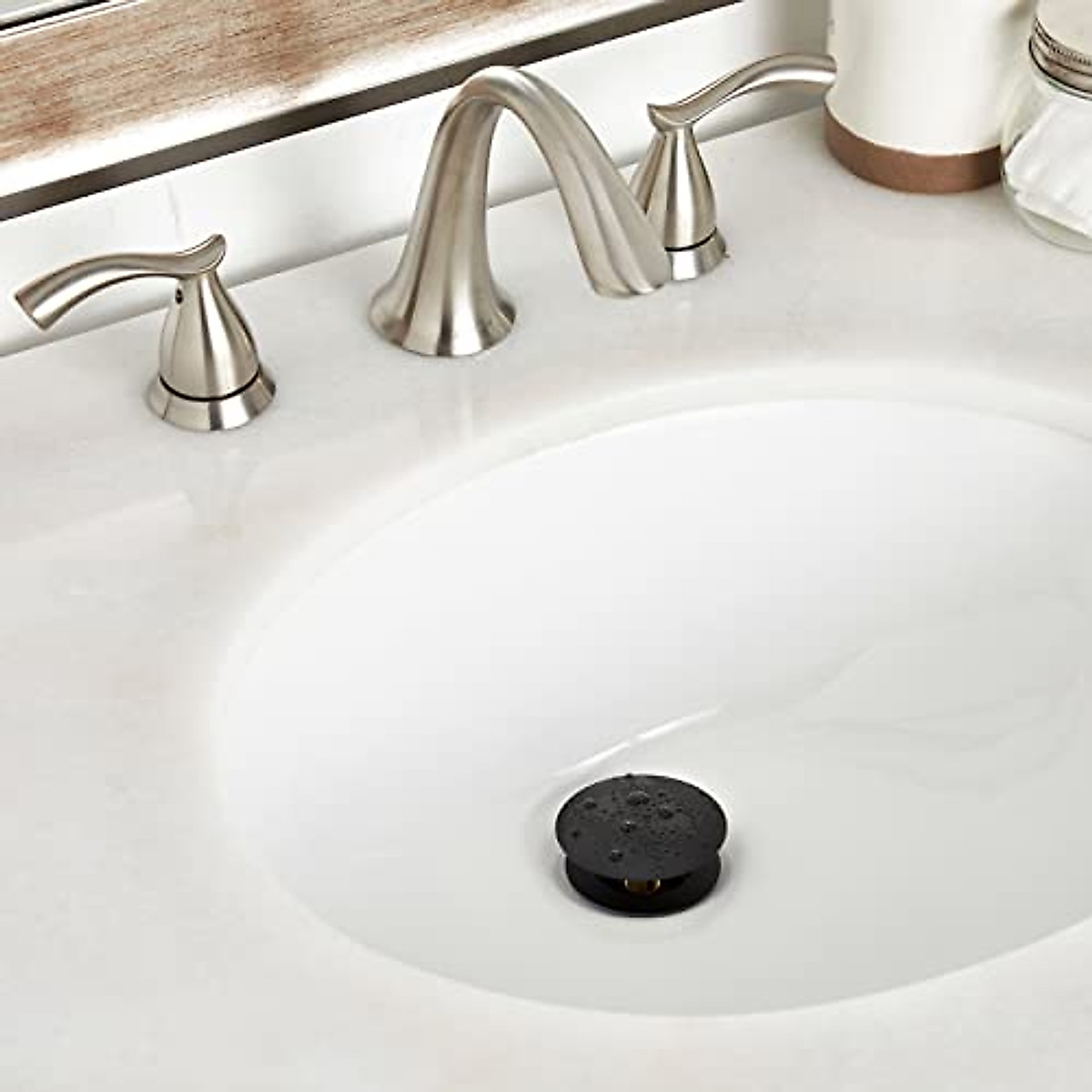 Built Industrial Universal Pop Up Drain Stopper for Bathroom Sink Without Overflow, with Detachable Catch Basket, Replacement Drain for Renovations and New Construction (Matte Black)