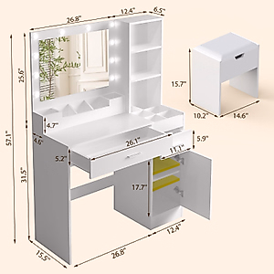 HAIOOU Vanity Desk with Mirror and Lights, White Makeup Vanity with Charging Station, Modern Dressing Table Chair Set with 2 Storage Drawers, 3 Lighting Modes Adjustable Brightness for Bedroom