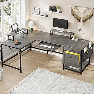 SEDETA 69" L Shaped Desk with Drawers, Convertible Corner Desk to Long Office Desk, Computer Desk with File Drawers for Home Office, Gaming Desk with LED Lights, Grey