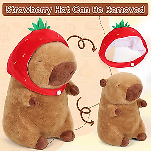 Cute Capybara Plush Wearing Strawberry Hat, 12 INCH Capybara Stuffed Toy Animals Plushies, Soft Capybara Doll Pillow for Kids Boys Girls Birthday Gifts