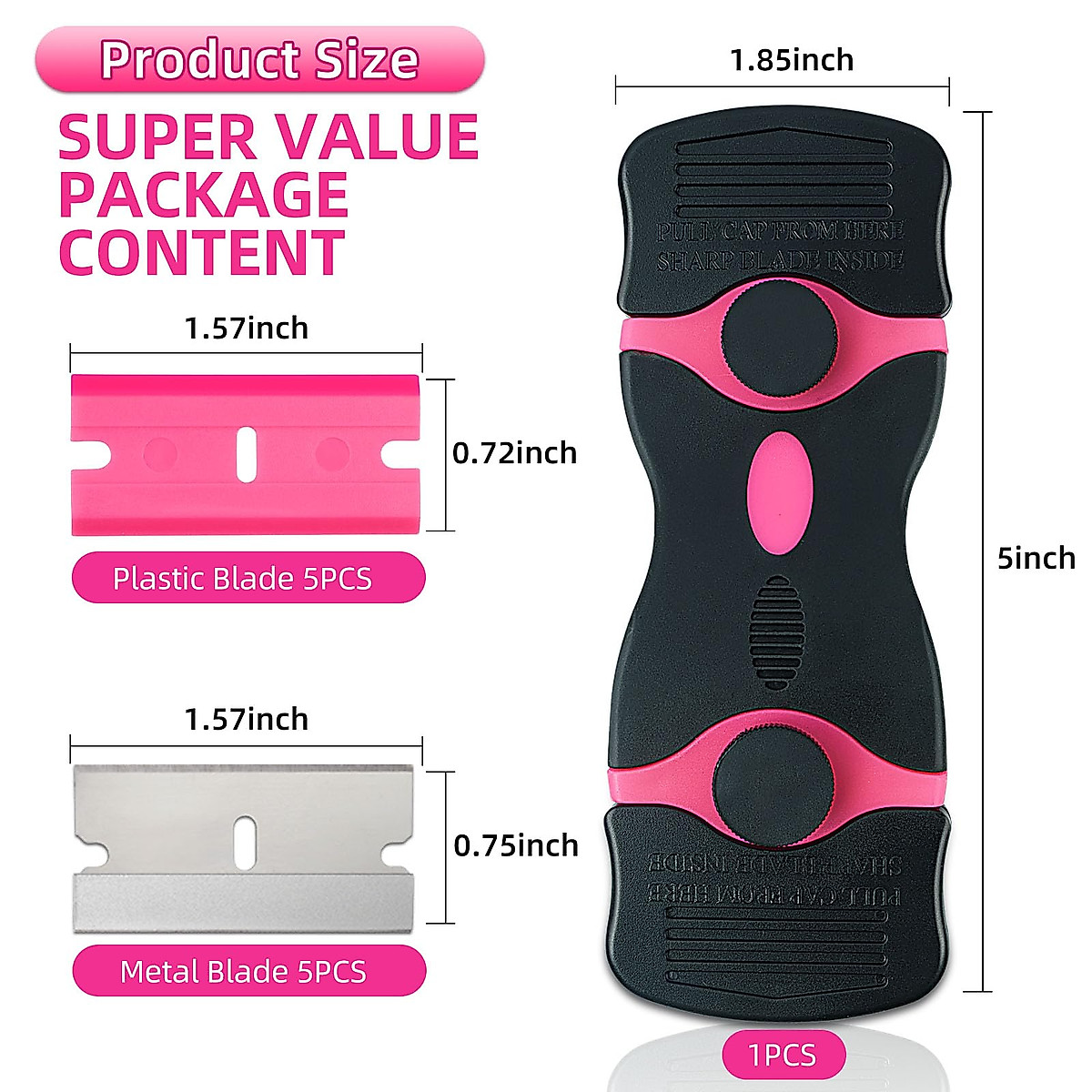Wozoohyi Razor Blade Scraper,Plastic Razor Blade Scraper with 5 PCS Metal Blades and 5 PCS Plastic Blades,Pink Scraper Tool for Removing Decals, Window Labels,Glass Stove Top,Stickers (1 Pink)