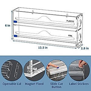 2 in 1 Plastic Wrap Dispenser with Cutter, Acrylic Aluminum Foil and Wax Paper Dispenser with Slide Cutter for Kitchen Drawer, Plastic Wrap Parchment Roll Organizer Holder, Fits 12" Roll, Clear