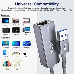 USB 2.5Gb Ethernet Adapter, ULT-WIIQ USB 3.0 to 2.5 Gigabit RJ45 LAN Network Adapter Cable, 10/100/1000/2500M Full Speed NIC for Mac OS, iOS, Windows, Linux, Dell XPS, Thinkpad X, Synology NAS, PC