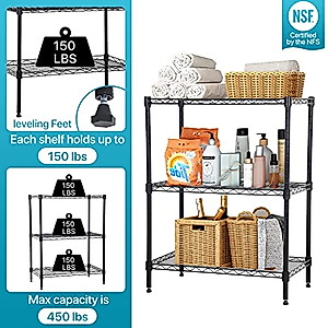 Storage Shelf Heavy Duty 3 Wire Shelving Unit Storage Rack Adjustable with Leveling Feet for Bathroom Kitchen Garage Laundry Pantry 450 LBS Capacity 23Lx13.2Wx30.2H, Black
