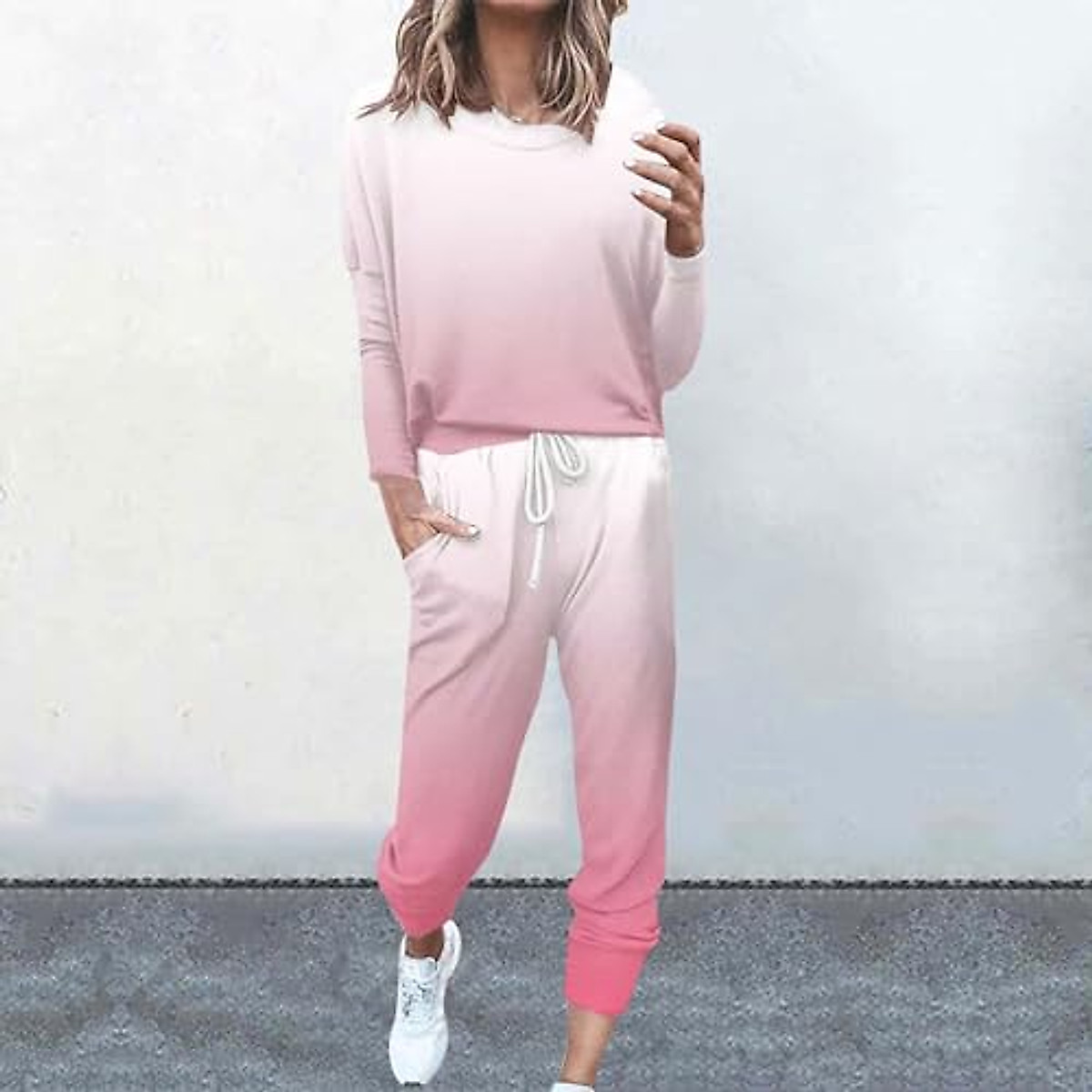JMMSlmax Jogger Sets for Women 2 Piece Long Pants Crew Neck Long Sleeve Shirts Drawstring Sweatpants Pocket Soft Lounge Sets