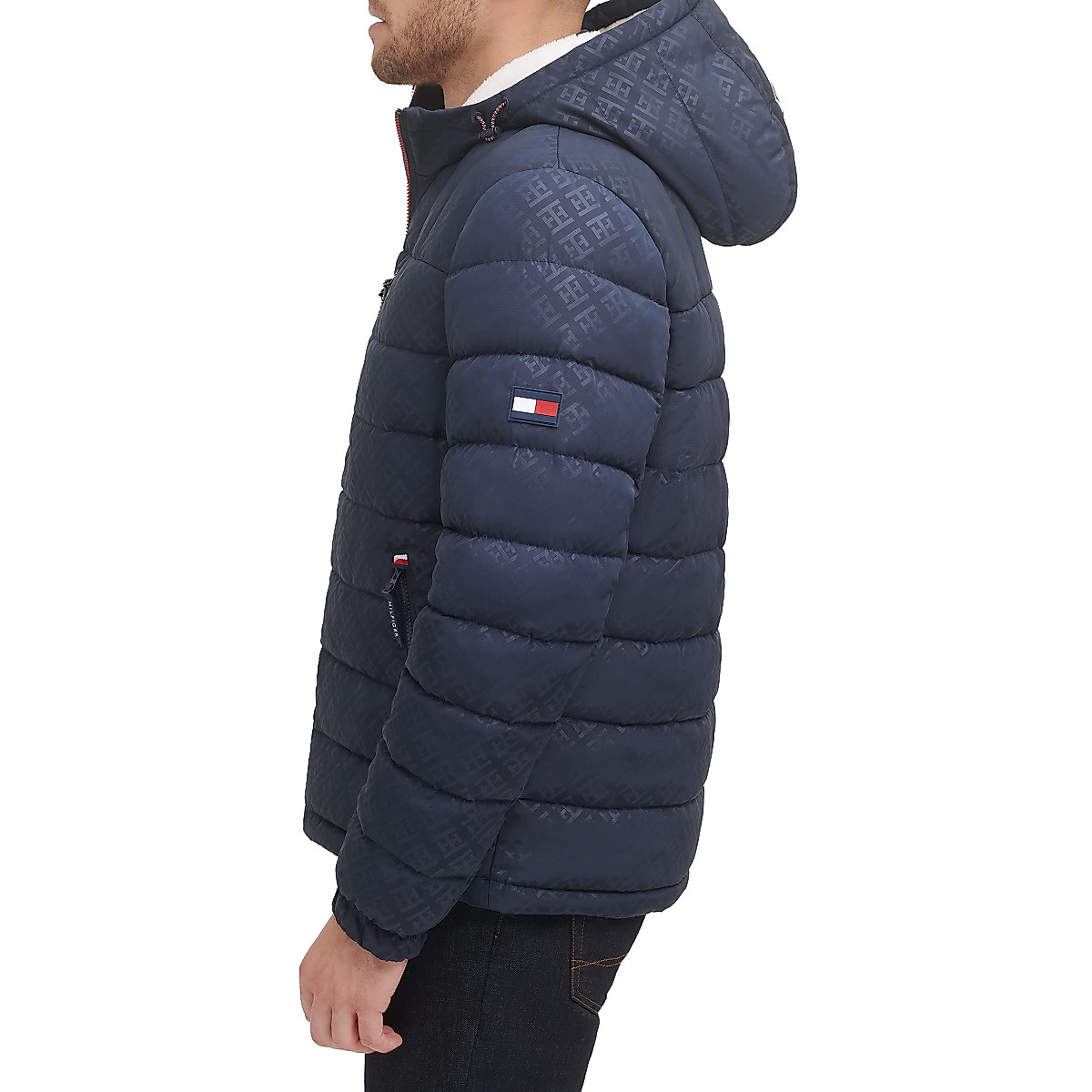 Tommy Hilfiger Men's Midweight Sherpa Lined Hooded Water Resistant Puffer Jacket, Tommy Logo Tech, Small