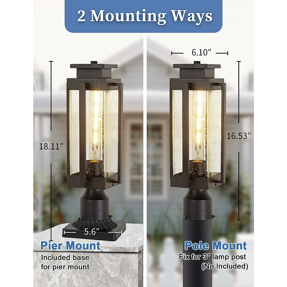 EERU Outdoor Post Light Fixtures 18" Large Exterior Post Lantern with Pier Mount Base IP65 Waterproof Black Finish with Seeded Glass Pier Mount Light Outdoor Pole Light for Patio, Porch, Yard, Garden