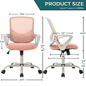 Home Office Desk Chair Ergonomic Computer Chair Modern Height Adjustable Swivel Chair Mesh Chair with Fixed Armrests/Lumbar Support, Pink
