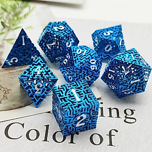 DND Polyhedral Hollow Metal Dice Set RPG Maze Design D&D Dungeons and Dragons D and D MTG Weighted Pathfinder Board Game D4 D6 D8 D10 D% D12 D20 (with Free Metal Storage Box) Dice-Blue