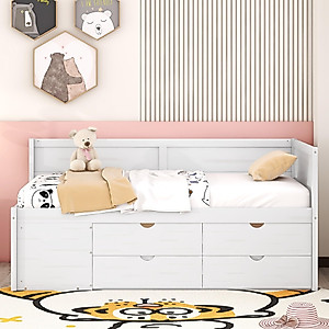Brisca Twin Size Daybed with Four Drawers and Three Shelves,Multifunction Solid Wood Storage Bed Frame,W/Wooden Slates Support,for Kids Teens,Boys & Girls,No Box Spring Needed,White