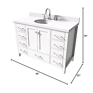 ARIEL Bathroom Vanity 49" Inch in White with Pure White Quartz Countertop, Oval Sink, 2 Soft Closing Doors and 9 Full Extension Dovetail Drawers, No Mirror