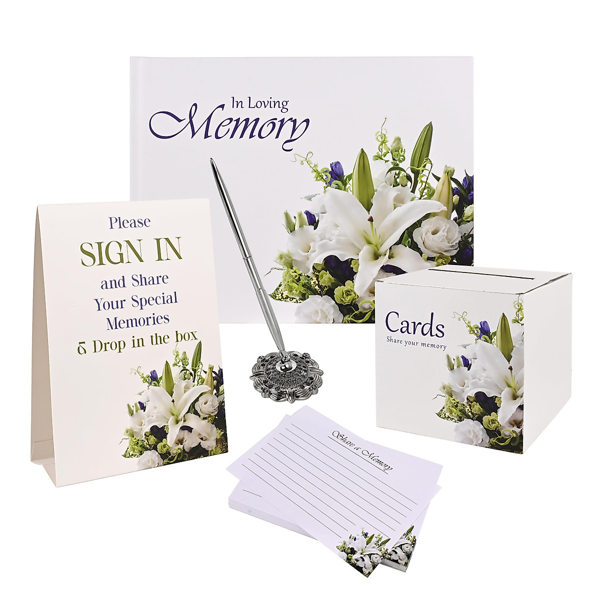 Customoffi Guest Book Set, Funeral Guest Book, Includes: Guestbook with 100 Pages, 60 Memory Cards, Ball Pen+Pen Stand, Table Sign, Card Box, Celebration of Life Guest Book, Memorial Guest Book