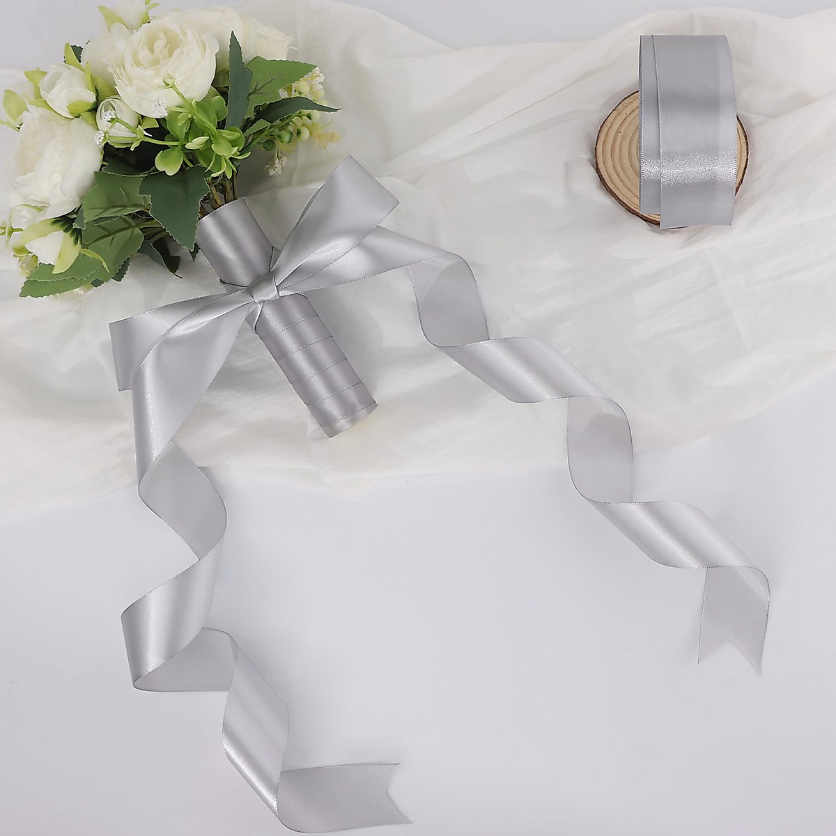 RIUNBB Gray Solid Satin Ribbon 1-1/2 Inch 25 Yards Solid Polyester Fabric Ribbon for Gift Wrapping Wedding Christmas Baby Shower Birthday Party Decoration Handmade Immortal Flower Craft