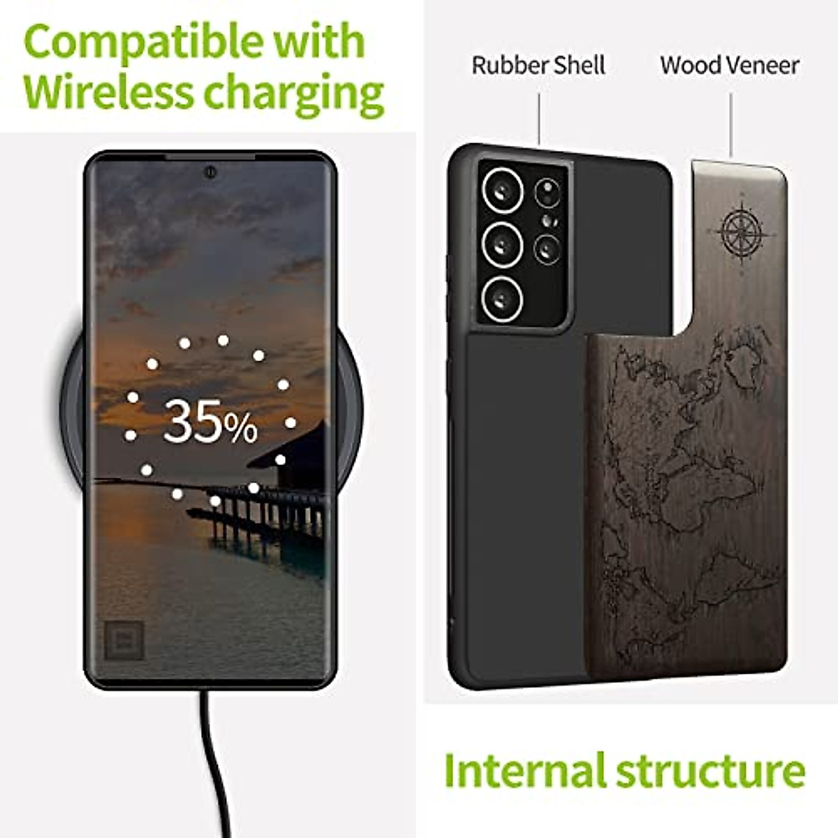 Carveit Wood Case for Galaxy S21 Ultra Case [Natural Wood & Black Soft TPU] Shockproof Protective Cover Unique & Classy Wooden Case Compatible with Samsung S21 Ultra 5G (Compass Maps-Blackwood)