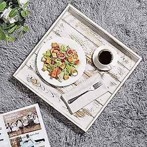 MyGift Whitewashed Wood Large Serving Tray with Handles, 19 Inch Square Decorative Tray for Ottoman, Breakfast, Tea, Coffee Table