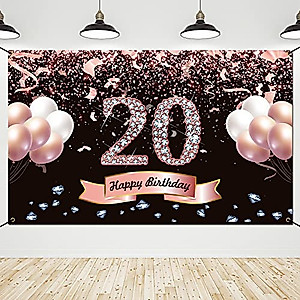 Trgowaul 20th Birthday Decorations for Women - Rose Gold 20th Birthday Backdrop for Women 5.9 X 3.6 Fts 20 Year Old Birthday Party Photography Supplies Background Happy 20th Birthday Banner