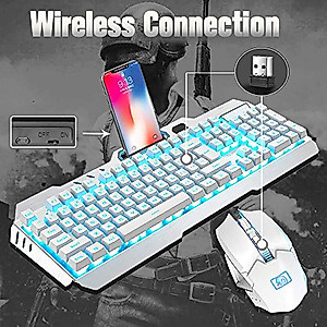 Wireless Gaming Keyboard and Mouse,Blue Backlit Rechargeable Keyboard Mouse with 3800mAh Battery Metal Panel,Mechanical Feel Keyboard and 7 Color Gaming Mute Mouse for PC Gamer