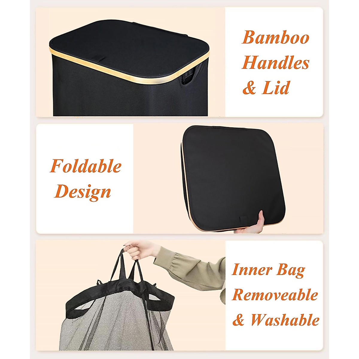 YCJYZLF Large Laundry Hamper with Lid and Bamboo Handles,Tall Collapsible Laundry Basket with Lid and Removable Laundry Bag,Foldable Clothes Hampers for Laundry,Bedroom,Dorm,Towels,Toys (100L,Black)