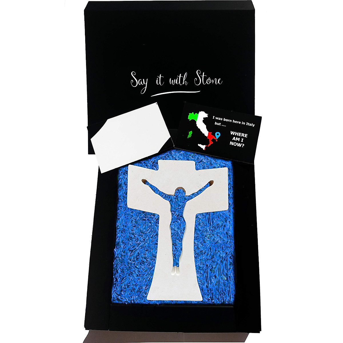 Stone Crucifix Cross Handmade In Italy - Free Standing or Hanging Ornament - Incl Gift Box & Blank Message Card - New Home Religious Christian Catholic Decoration Ornament Memorial