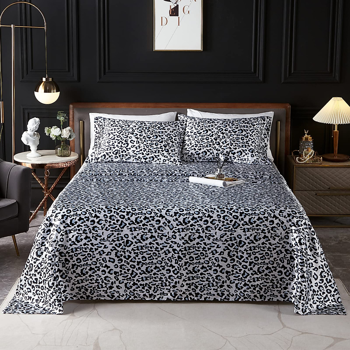 UDEAL King Sheet Set Satin Sheets and Pillowcase Sets Silky Soft Cooling Bed Sheets Set Deep Pocket Luxury Cheetah Print Breathable Sheet 90 GSM (4 Piece, Grey Leopard)
