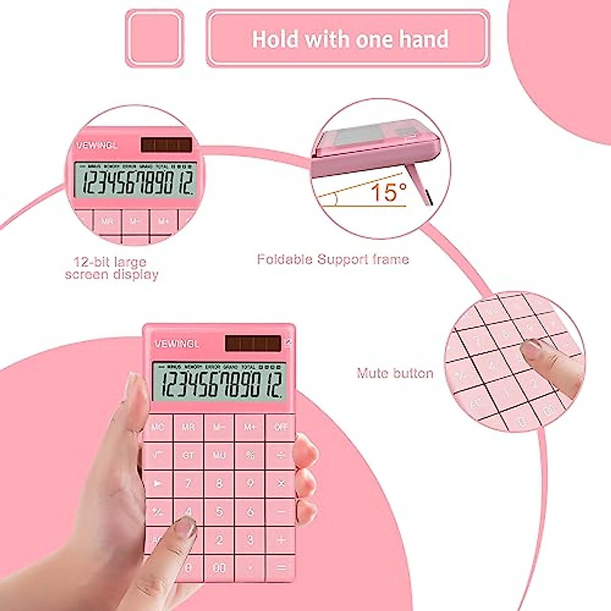 Laptop Keyboard Calculator 12 Digit,Dual Power Battery and Solar,Desk Calculator with Large LCD Display for Office,School, Home & Business Use,Tablet Button,Automatic Sleep.6.5 * 4 in (Pink)