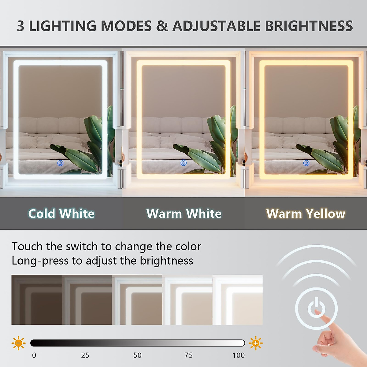 White Vanity Desk with Mirror, Lights and Charging Station - Large Makeup Table Set with RGB Cabinets and 3 LED Light Modes