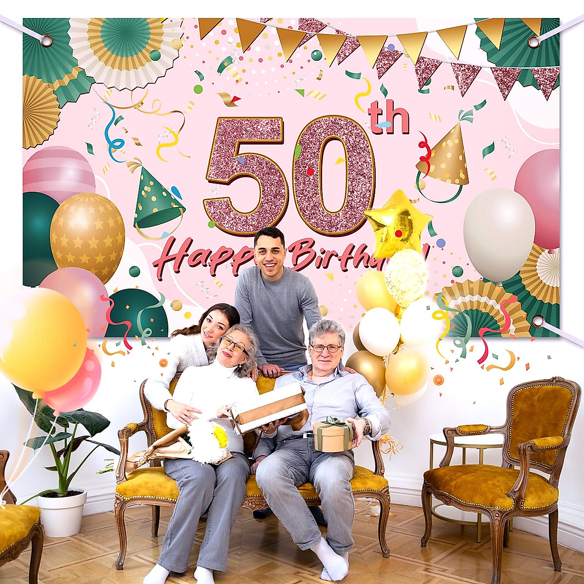Bing-Haoze 50th Happy Birthday Backdrop - 71" x 44" Pink Happy Birthday Decorations Banner Party Decorations Supplies for Women Unforgettable 50th Birthday Celebrations!