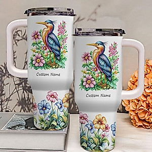 Personalized Green Heron 40oz Tumbler With Handle, Lid & Straw - Stainless Steel Travel Coffee Mug - Custom Gift for Bird Lovers - Women, Girls Birthday or Holiday Gift Idea h0gIJC