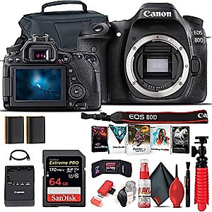 Canon EOS 80D DSLR Camera (Body Only) (1263C004) + 64GB Card + Case + Corel Photo Software + LPE6 Battery + Card Reader + Flex Tripod + HDMI Cable + Hand Strap + More (Renewed)