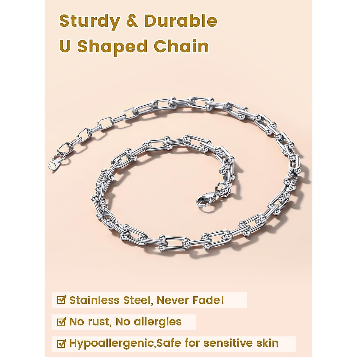 KeyStyle Paperclip Chain Necklace for Women, Stainless Steel Bamboo Link Choker Chains Paper Clip Necklaces for Rapper (16 Inches + 2 Inches)