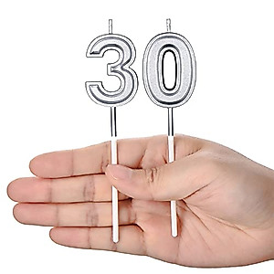 30th Birthday Candles Cake Numeral Candles Happy Birthday Cake Candles Topper Decoration for Birthday Anniversary Wedding Supplies Celebration (Silver)