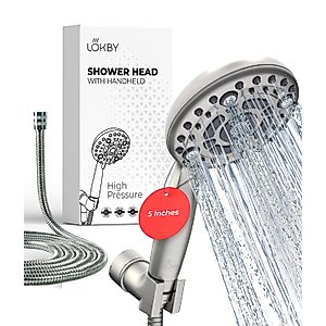 LOKBY Water Saving High Pressure Shower Head with Handheld Set - Detachable Rain Shower Head Set 6-Mode for Low Flow - Removable Hand Held Shower Head with Hose 59'' - No Tool 1-Min Install - Nickel