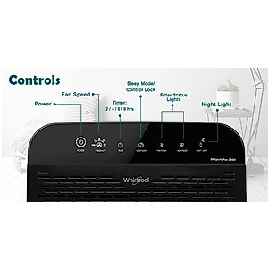 Whirlpool WPPRO2000B Whispure True Hepa Air Purifier, Activated Carbon, 508 Sq ft, Smart Auto Mode, Ideal For Allergies, Odors, Pet Dander, Mold, Smoke, Wildfire & Germs - Slate Black